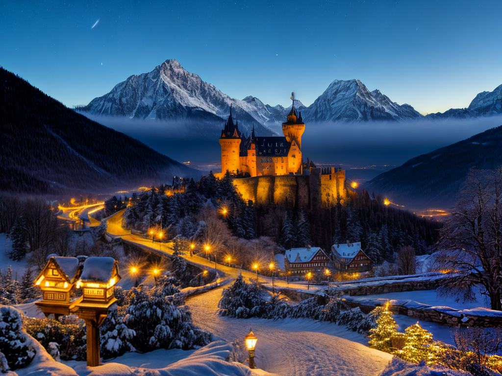 german castle, night sky, snow, alps, rocky stream, stone bridge ...