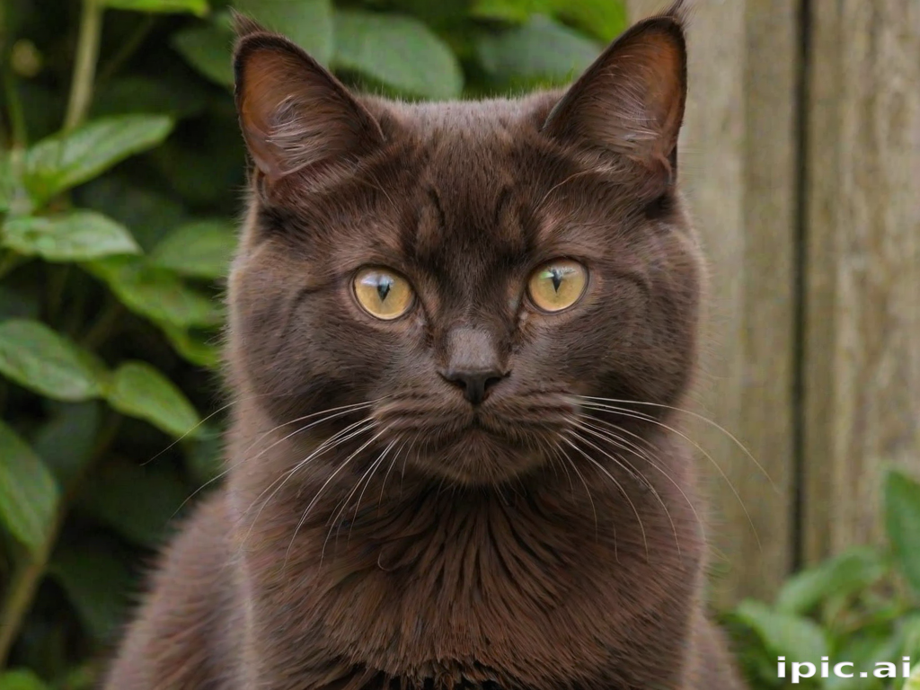 A Majestic Chocolate Brown Cat Staring Curiously Amidst Lush Greenery.