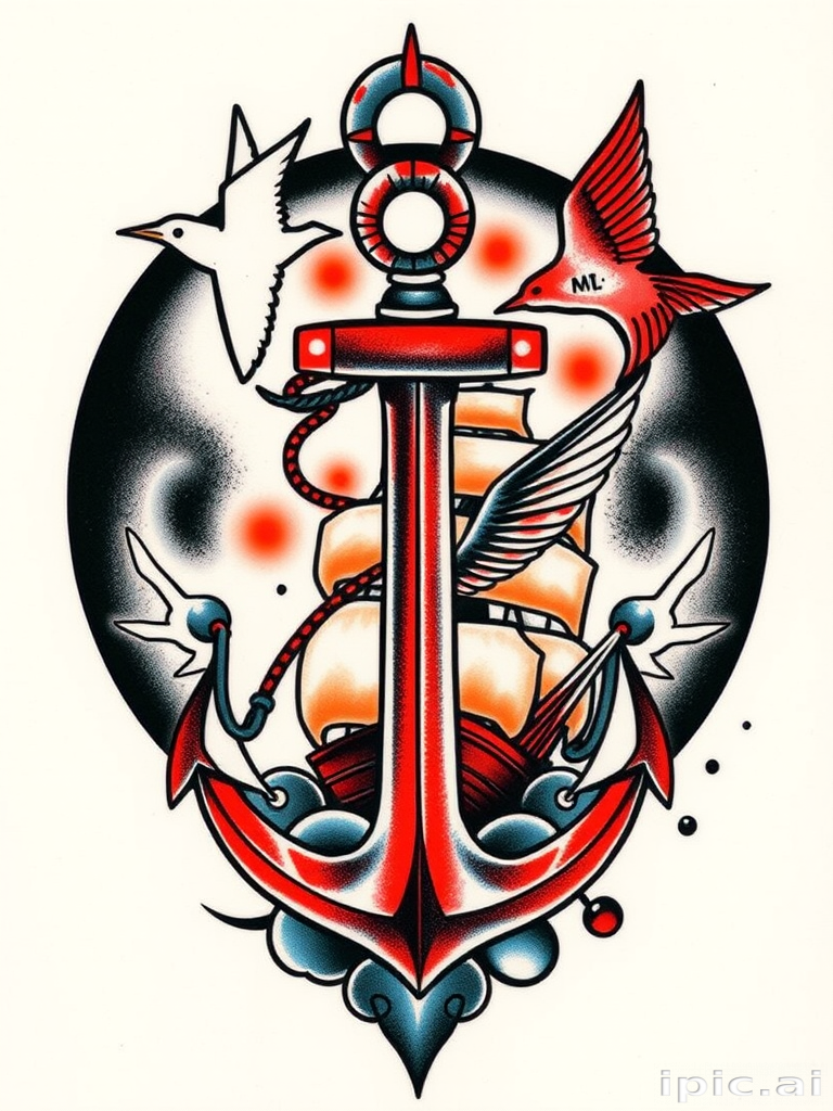 Classic Nautical Tattoo Design Featuring an Anchor, Birds, and a Ship