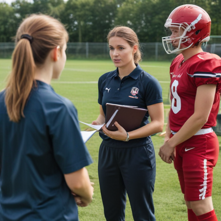 a female coaching football holding a clipboard motivating players ...