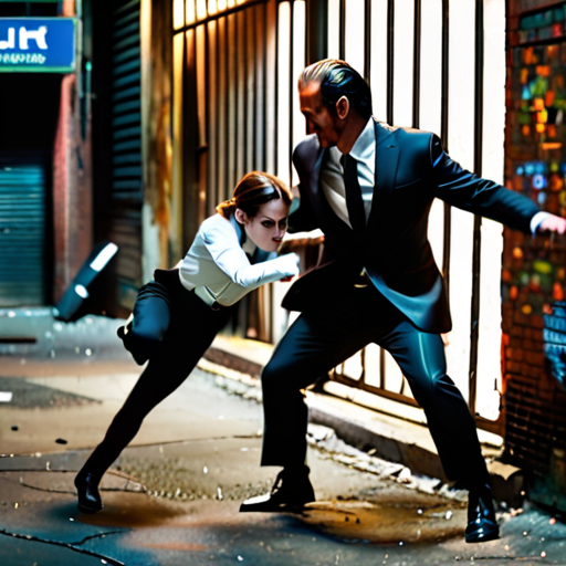 Emma Watson punching kicking fighting man big black suited highly ...