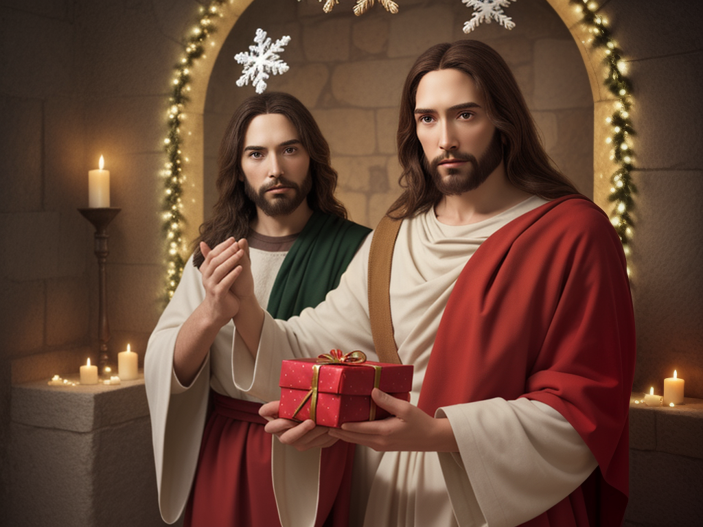 Two Figures Depicting a Celebratory Scene with Christmas Gifts and Candles