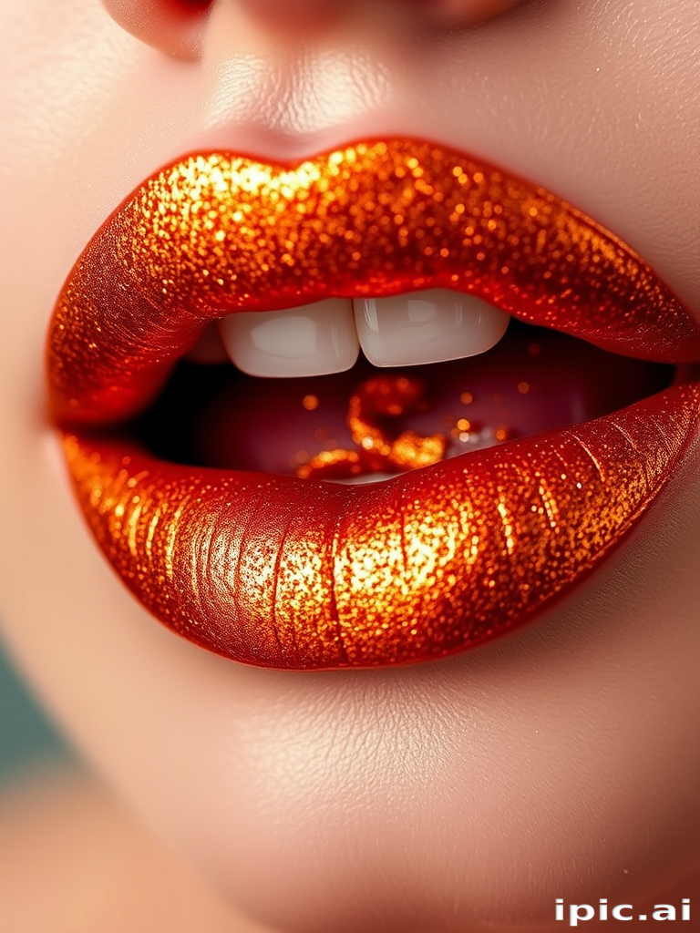 Close-Up of Glossy Orange Lips with Sparkling Glittery Effect and ...