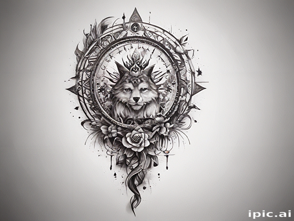 Intricate Black and White Illustration of a Wolf Surrounded by Nature ...