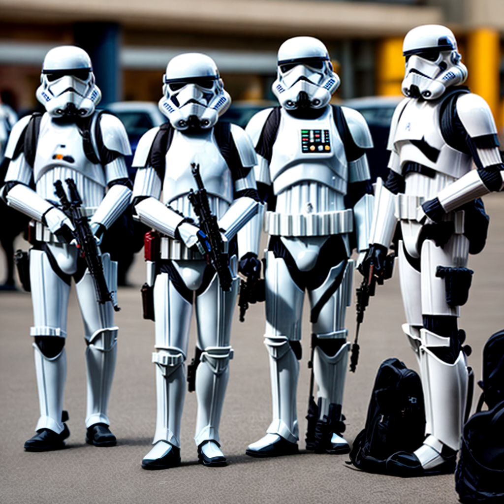 from the movie "Star Wars", Storm Troopers waiting for a bus at a bus ...