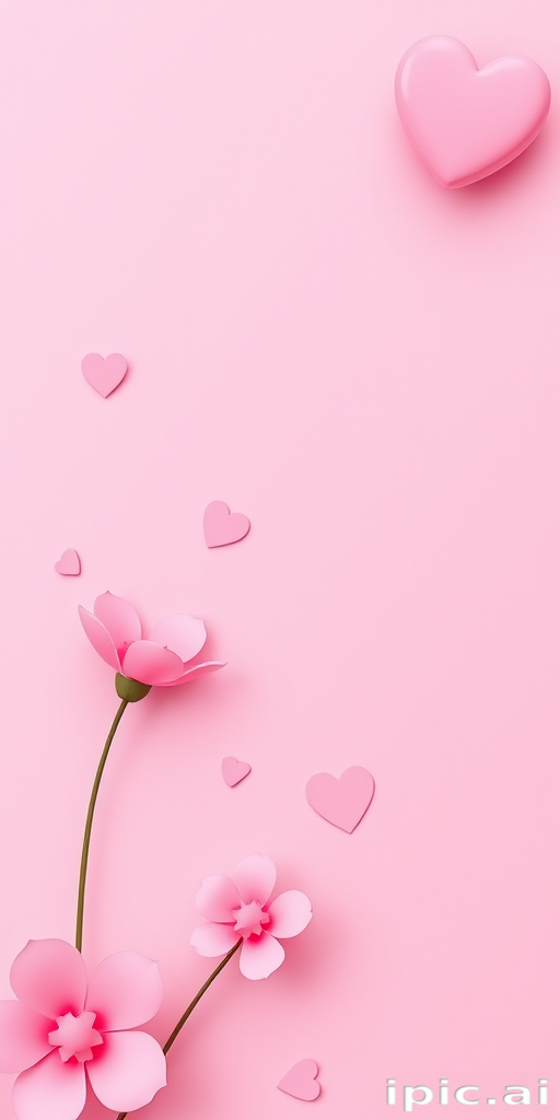 Delicate Pink Flowers and Hearts on a Soft Pink Background Design