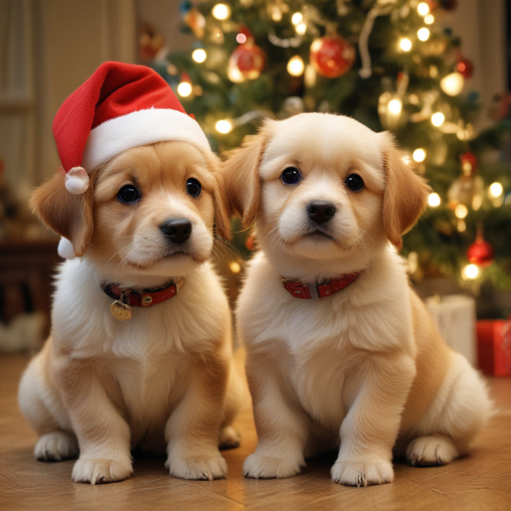Adorable Puppies in Santa Hats Celebrating a Joyful Christmas Together.