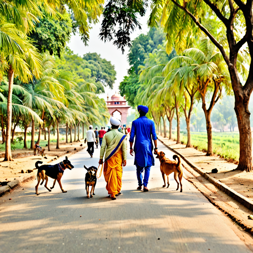 sikh people walking towards temple with trees on road and dogs running