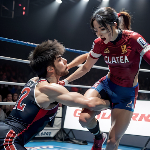 Wrestling match between muscular girl in blue wrestling gear vs boy in ...