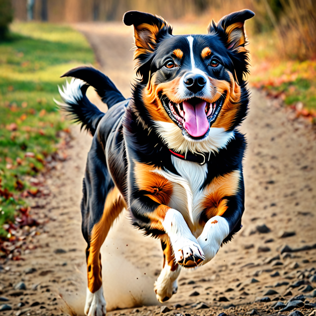 happy dog running to the camera with a big smile, realistic graphic design