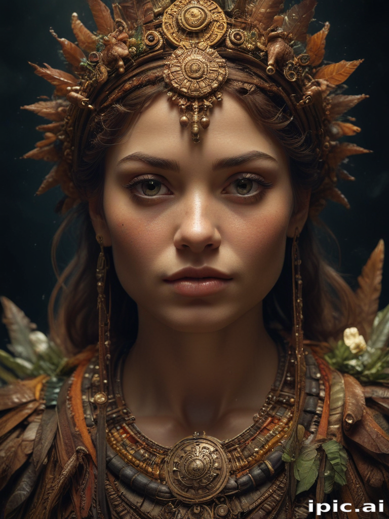 Enchanting Portrait of a Regal Woman Adorned with Nature-Inspired Jewelry