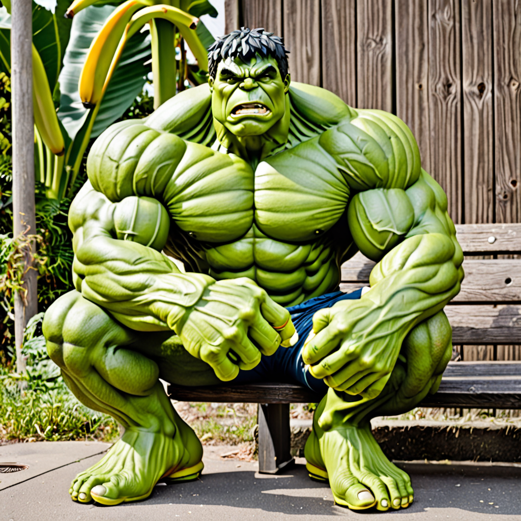 Hulk as giant and barefoot, sitting on bench step a banana