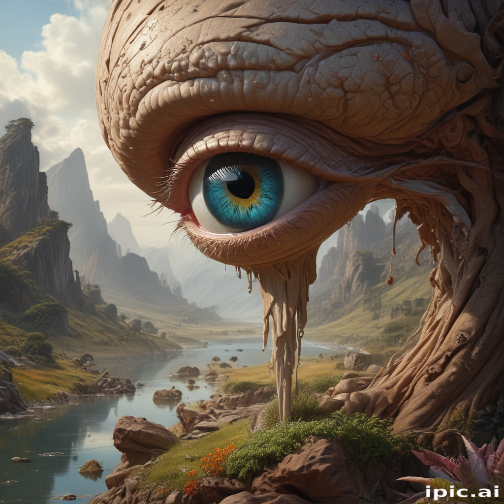 Surreal Landscape Featuring a Giant Eye Emerging from a Tree