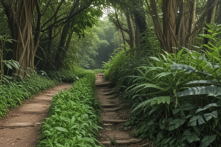 narrow path through overgrown jungle