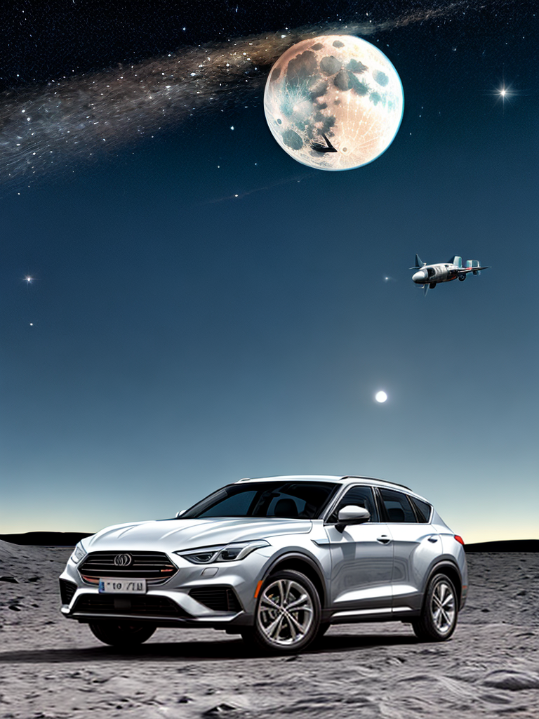 car zooms past the moon in space