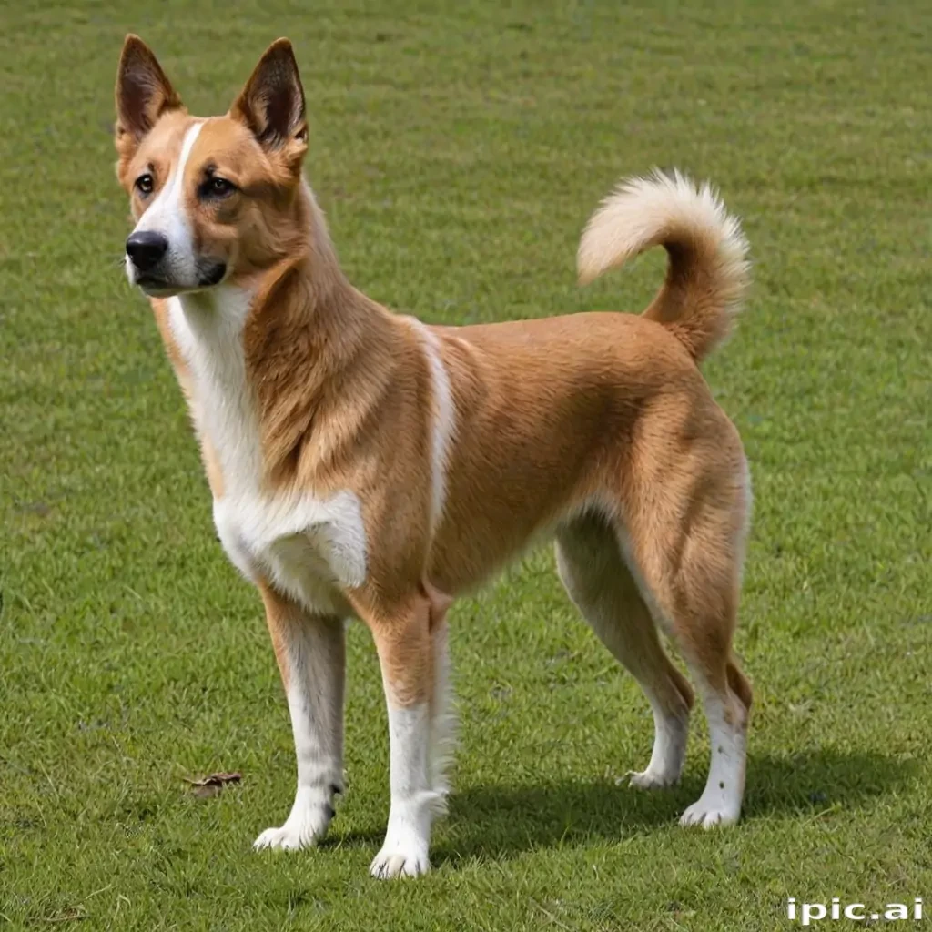 A Playful Dog Standing Proudly in a Sunny Green Field.