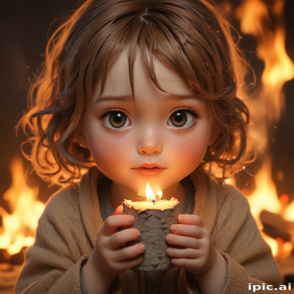 A Curious Child Holding a Candle Amidst Flickering Flames in Darkness