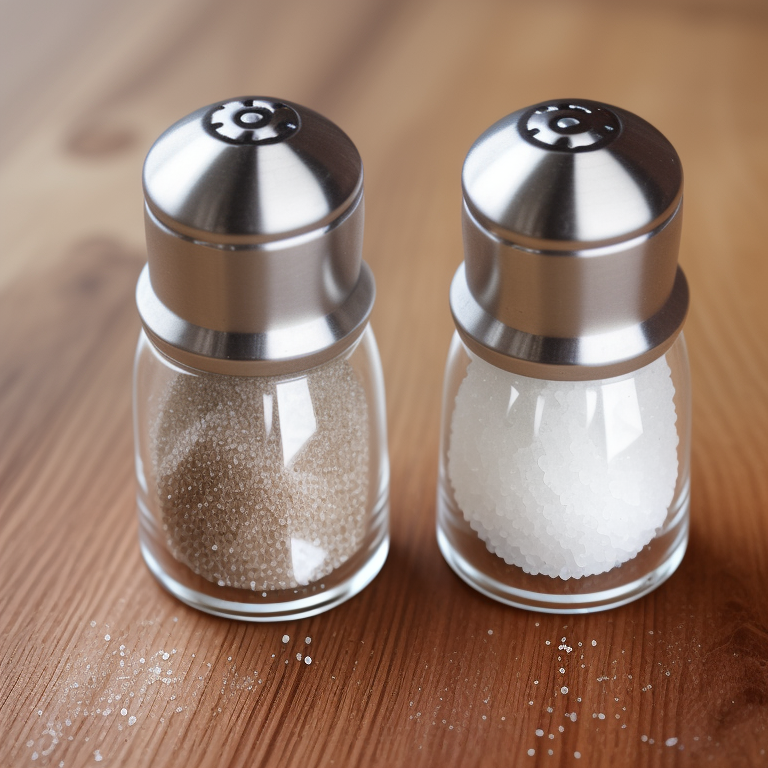 Two Elegant Glass Salt and Sugar Shakers on a Wooden Table