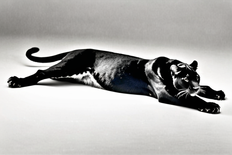a B&W wide camera shot of a full body panther laying down on a white ...