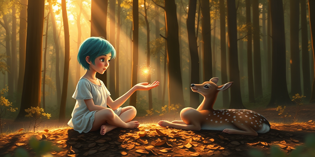 A Magical Encounter Between a Girl and a Gentle Fawn in Enchanted Forest