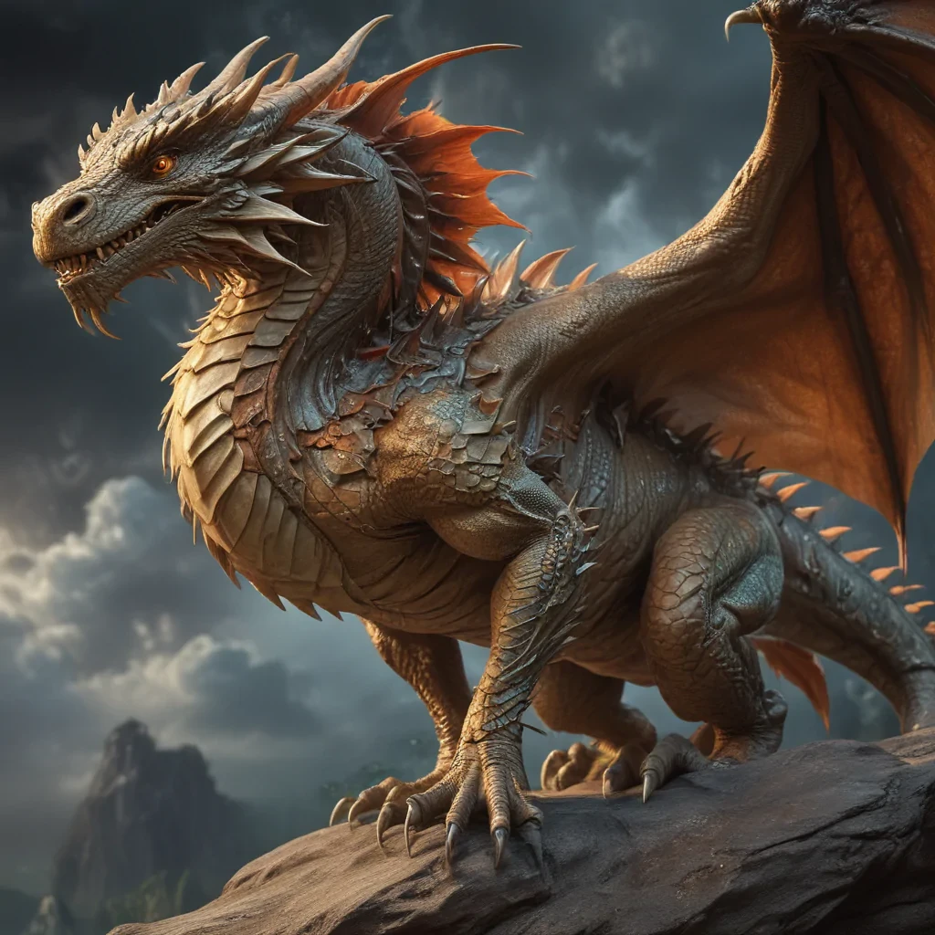 A Majestic Dragon Perched on a Rocky Outcrop Beneath Dark Stormy Skies.