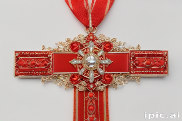 Elegant Red and Gold Decorative Medal with Intricate Design and Ribbon