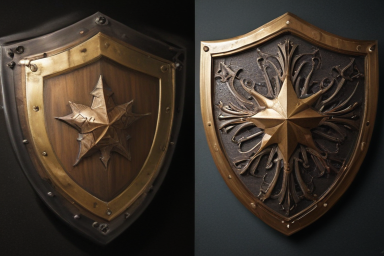 Two Distinct Shields Showcasing Intricate Designs and Varied Textures