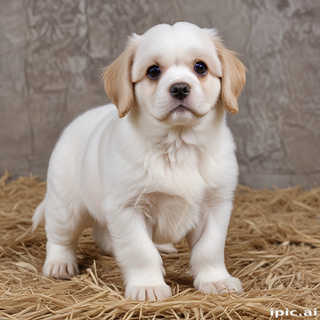 Adorable fluffy puppy standing on straw, showcasing its playful charm.