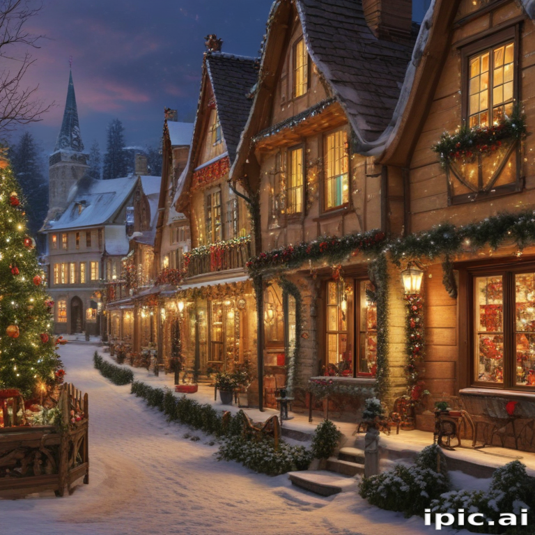 Charming Winter Village Blanketed in Snow with Festive Holiday Decorations