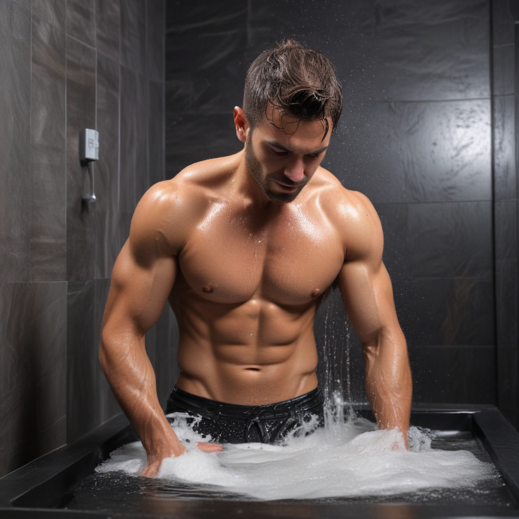 a muscular man washing himself in a black luxury bathroom, there's a ...