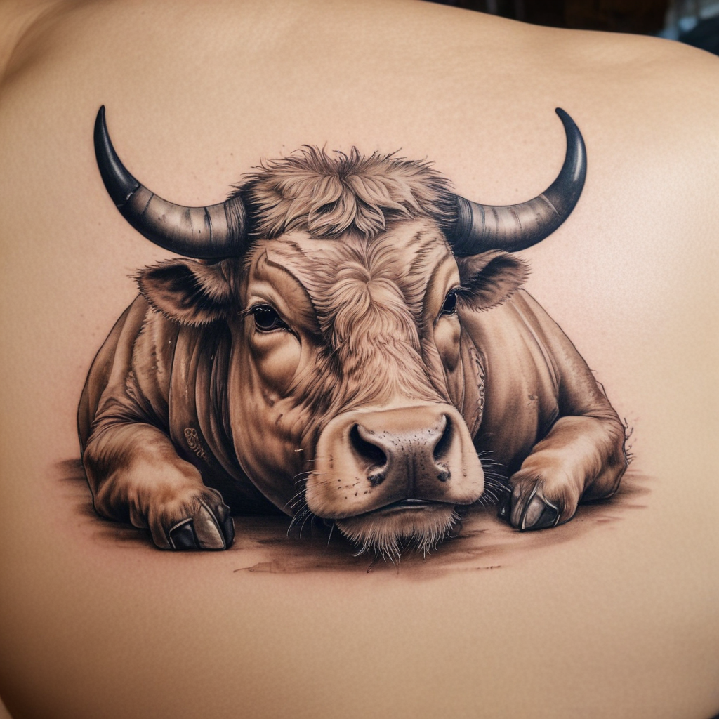 Give me a tattoo of a sleeping Ox laying down on its belly on using ...