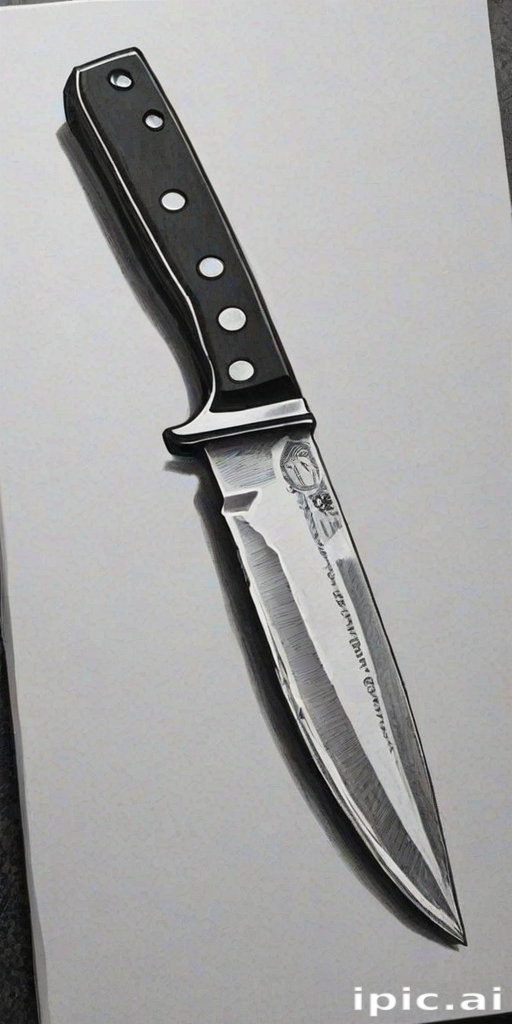 Realistic Drawing of a Sharp Kitchen Knife with a Black Handle