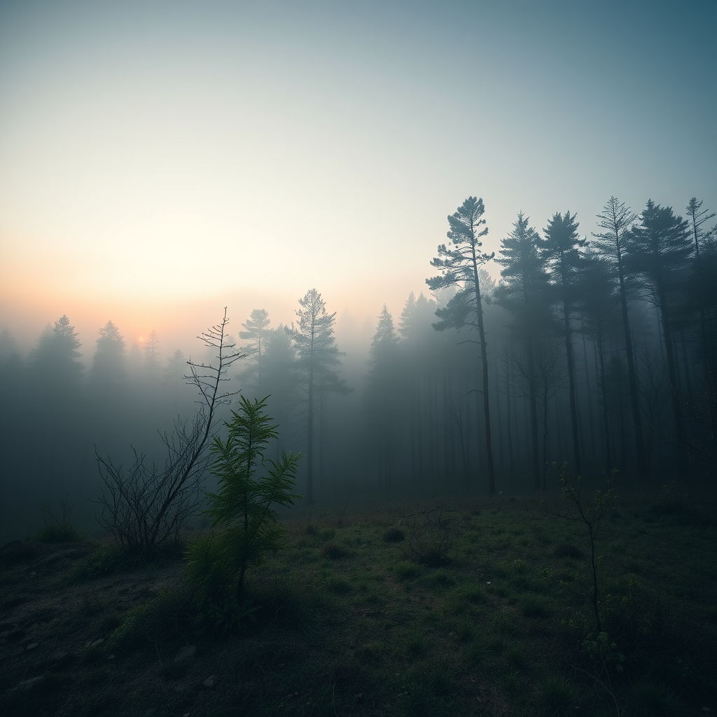 Misty Forest Landscape at Dawn with Silhouetted Trees and Soft Light