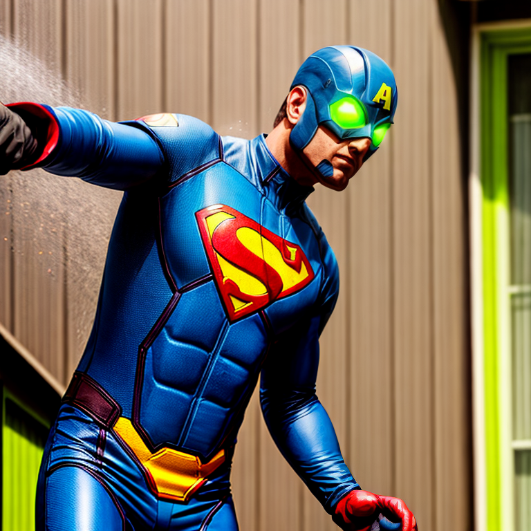 A super hero who is pressure washing a house to remove dirt and grime ...