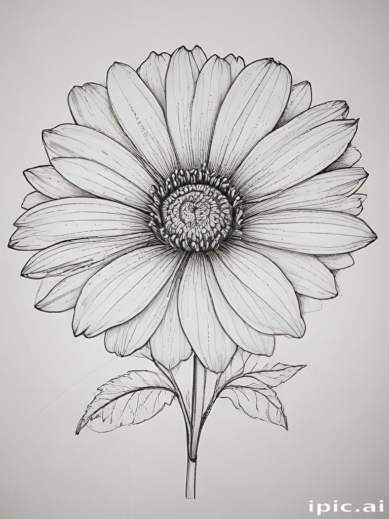 Intricate Line Art of a Beautiful Flower with Detailed Petals and Leaves