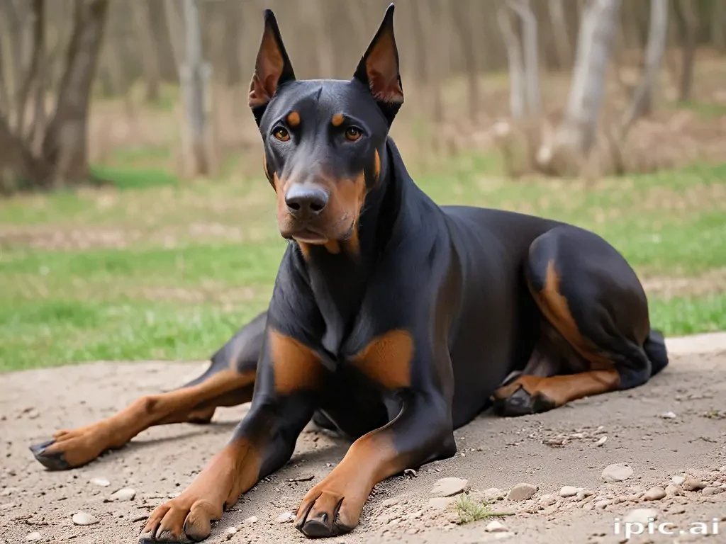 A Majestic Doberman Pinscher Relaxing in a Serene Outdoor Setting.