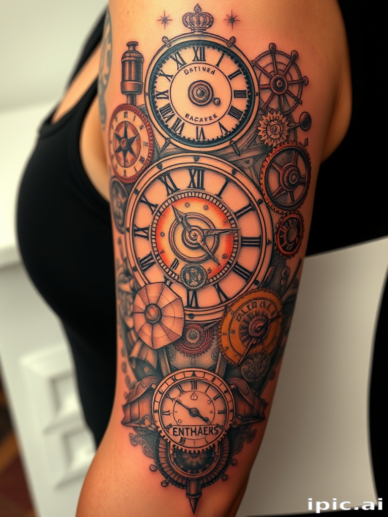 Intricate Steampunk Clockwork Tattoo Design Adorning a Person's Arm
