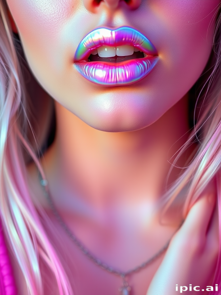 Vibrant Close-Up of Glossy Lips with a Colorful Neon Shine Effect
