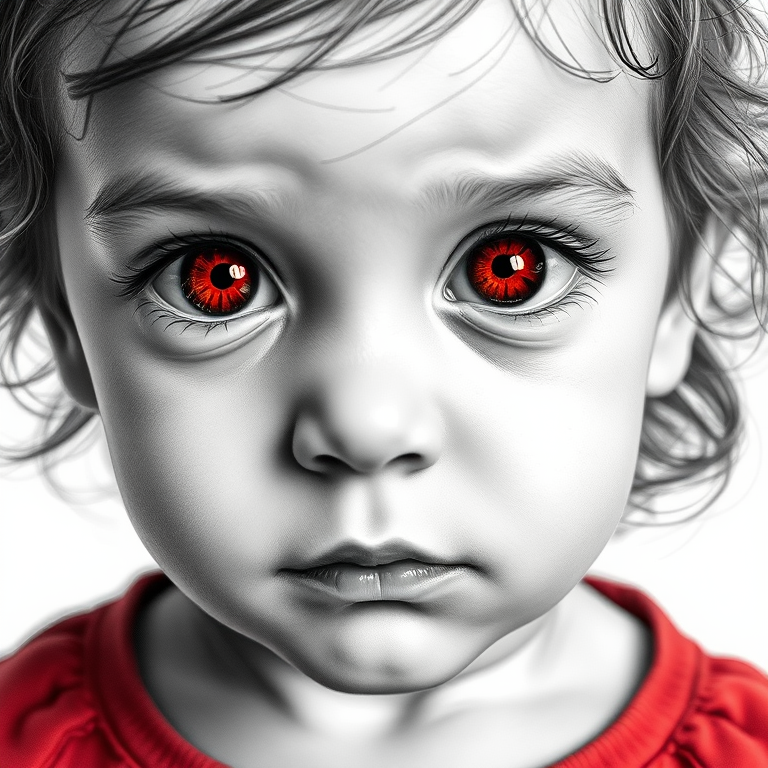 Child with Striking Red Eyes Stares Intensely at the Camera