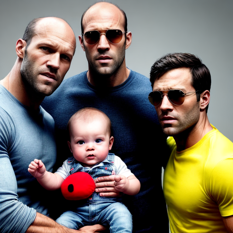 Baby with Jason Statham face and two men all with faces of Jason Statham