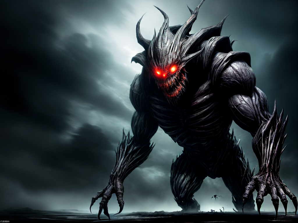Create a representation of a malevolent and colossal creature emerging ...