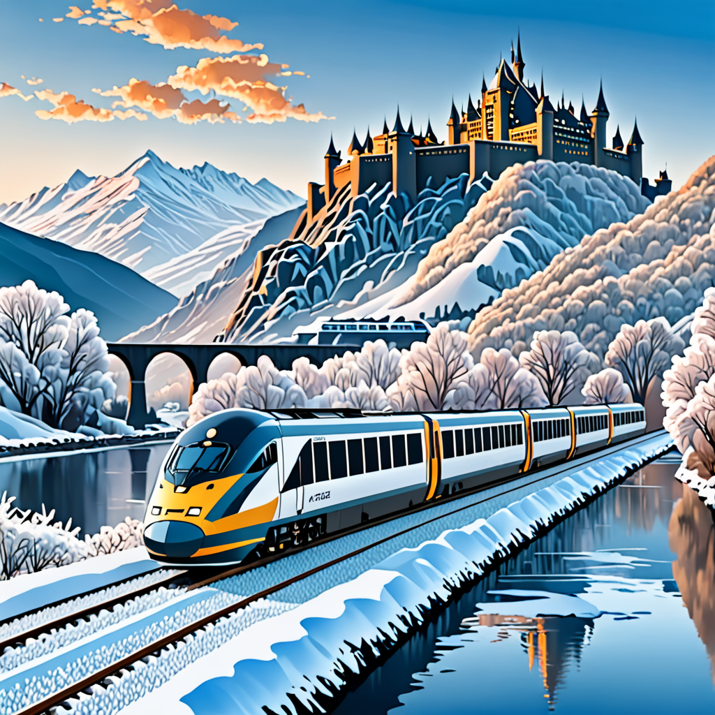 Art deco streamline modern high speed train express next to a frozen ...