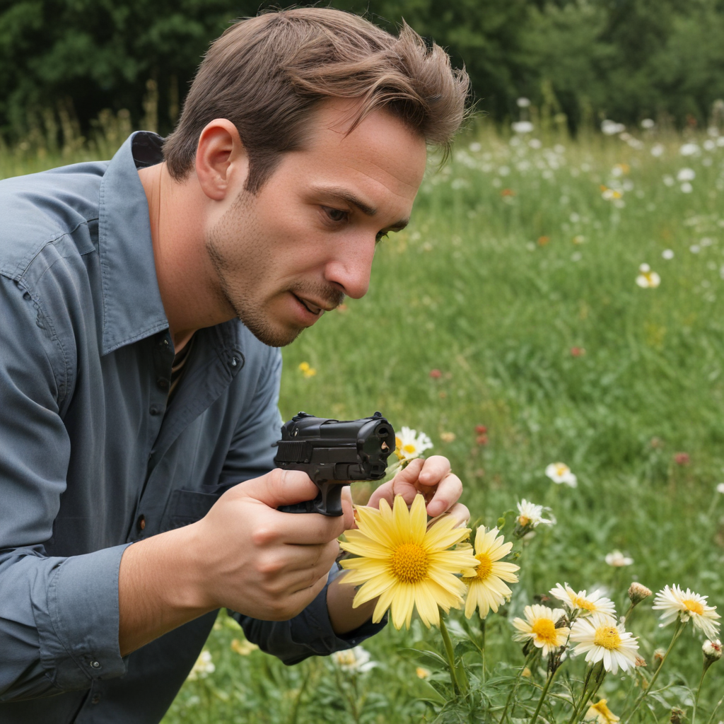 Man using a gun-shaped artifact to take pollen from a flower
