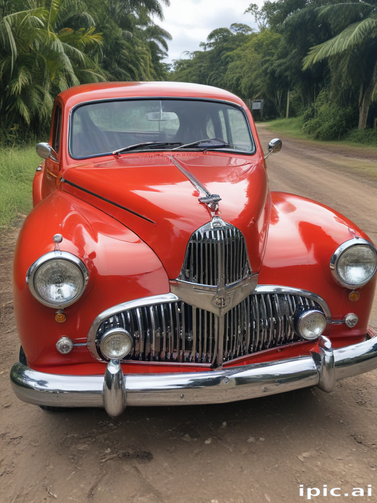 Classic Red Vintage Car on a Rustic Road Surrounded by Lush Greenery