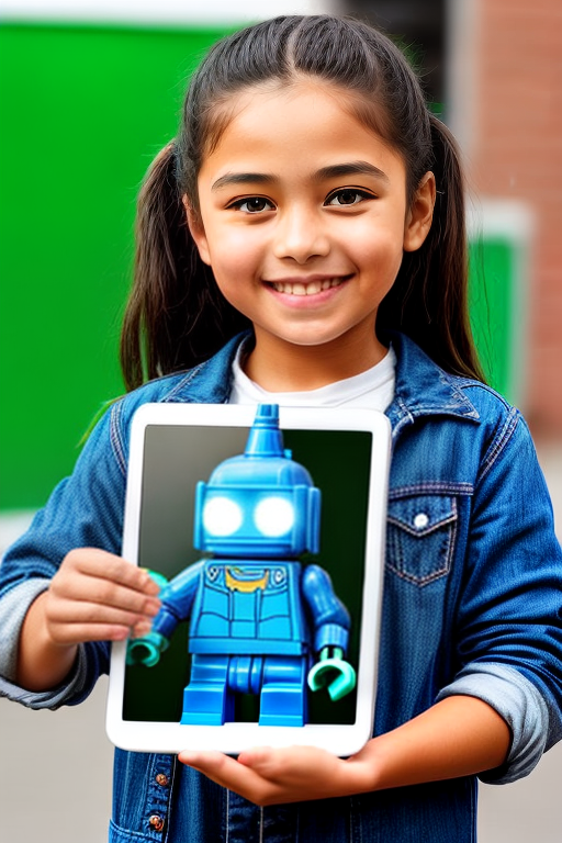 girl happy with tablet and robot lego at school