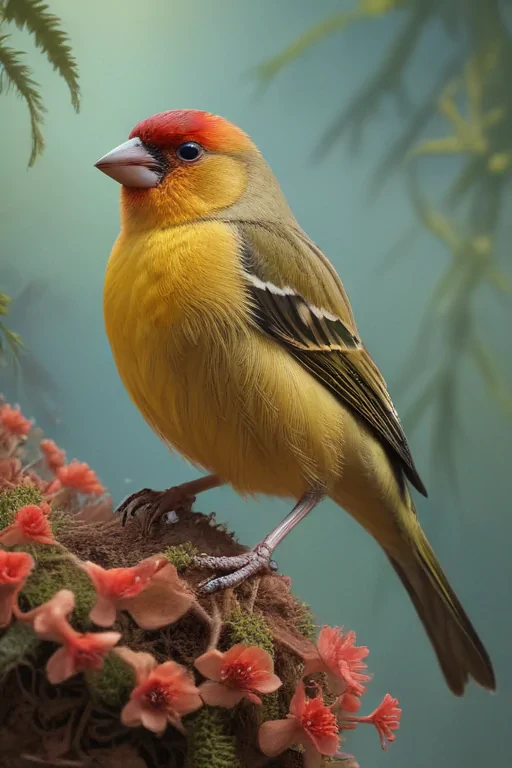 A Colorful Bird Perched Amidst Delicate Flowers in a Serene Setting