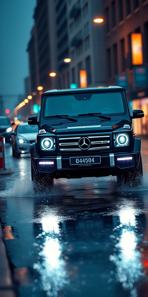 Luxurious Mercedes-Benz G-Class Driving Through Rainy City Streets at Night