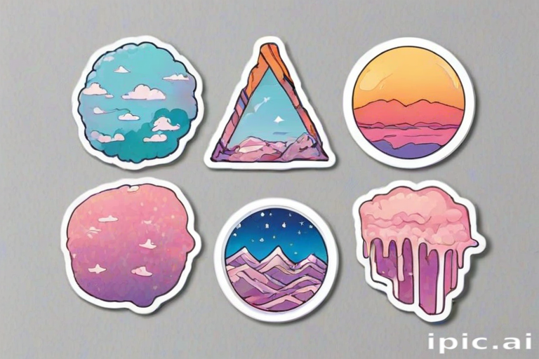 Colorful Nature-Inspired Stickers Featuring Mountains, Clouds, and ...