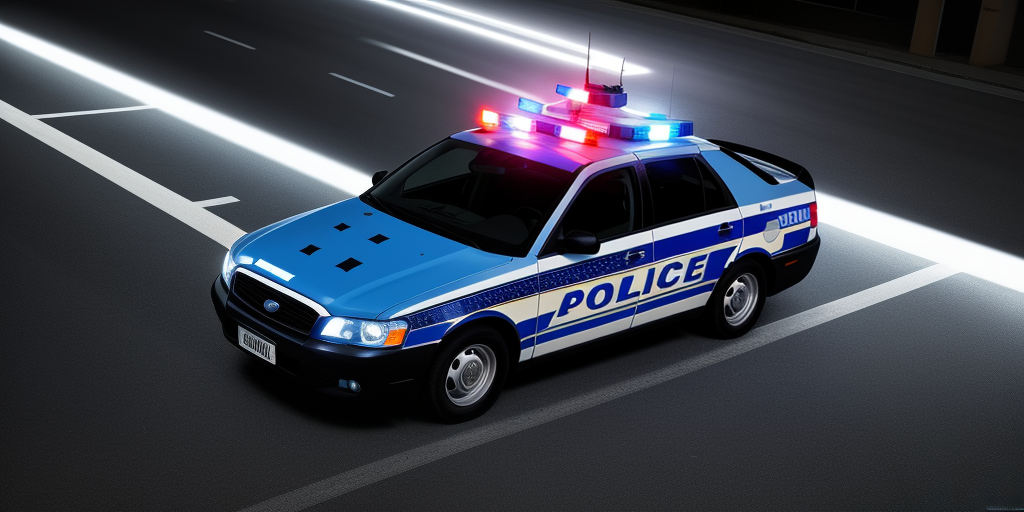 Nighttime Cityscape Featuring a Sleek Police Car with Flashing Lights
