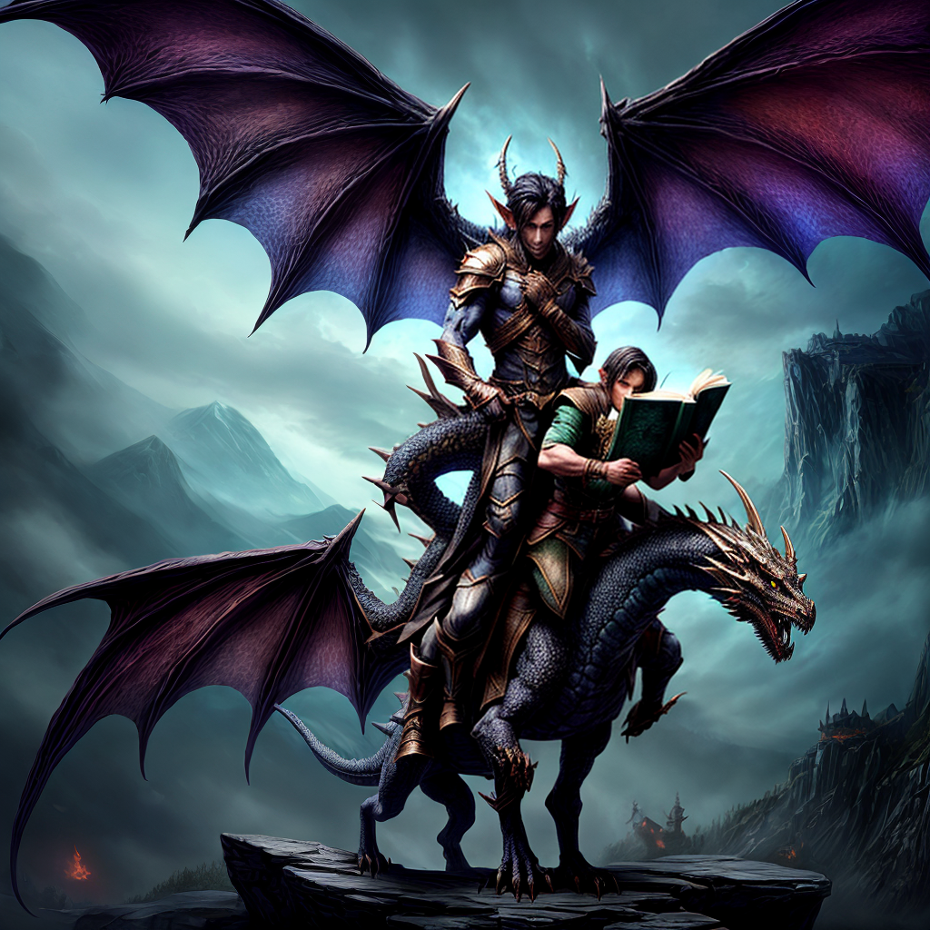 dark male elf holding a book and riding a dragon